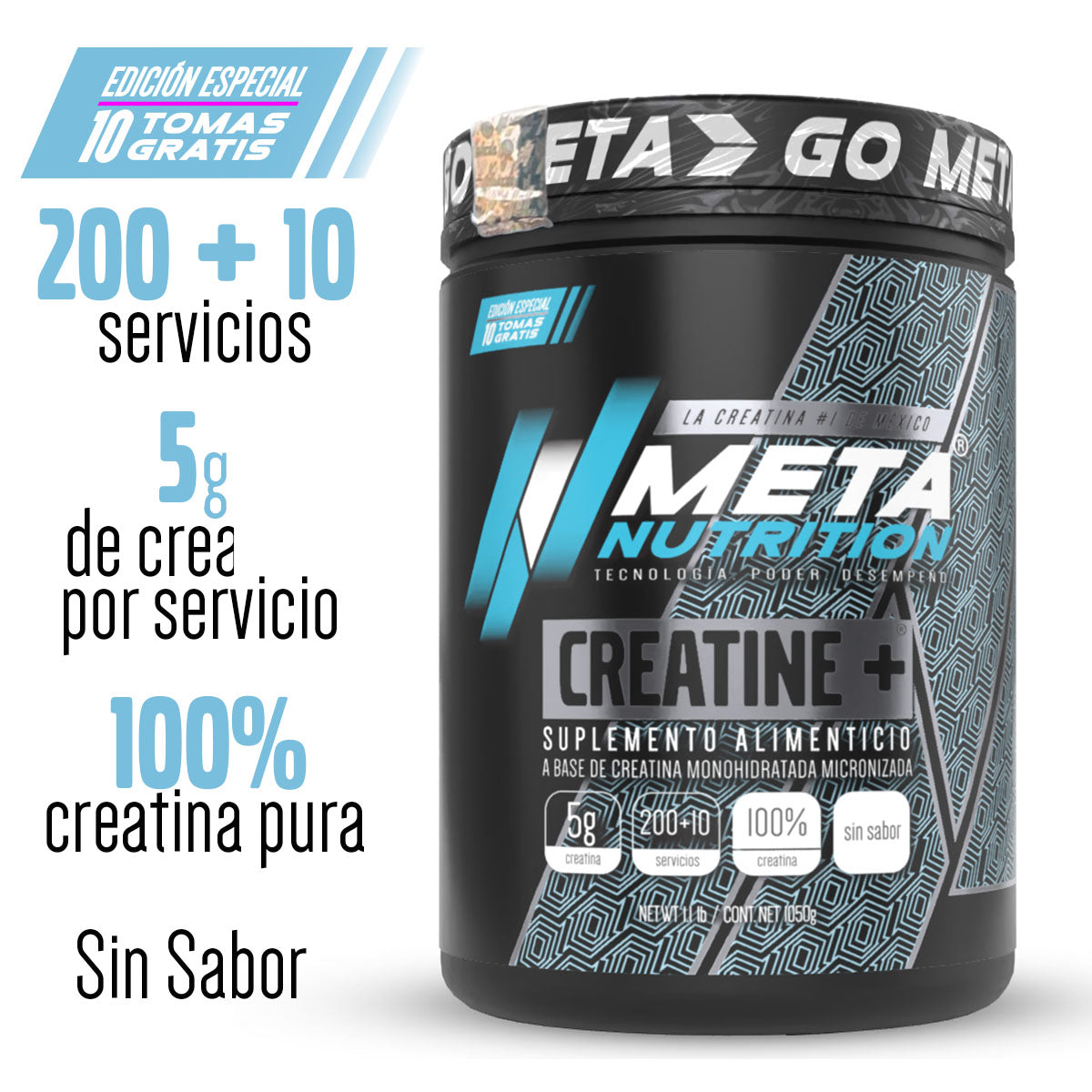 Creatine+ Meta Nutrition| 200 servicios + 10 GRATIS, 1050g Alta Pureza ...